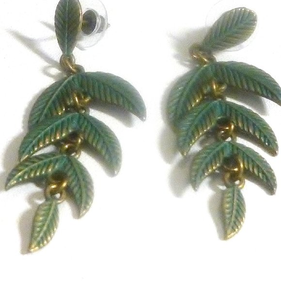 Jewelry | Verdigris Green Copper Tone Drop Earrings Tropical Leaves 25 ...